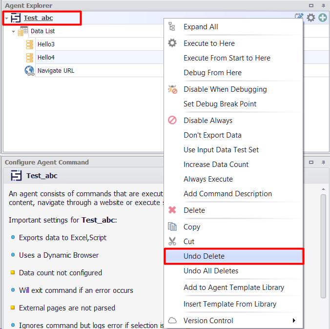 Delete or Undo Delete Agent Commands